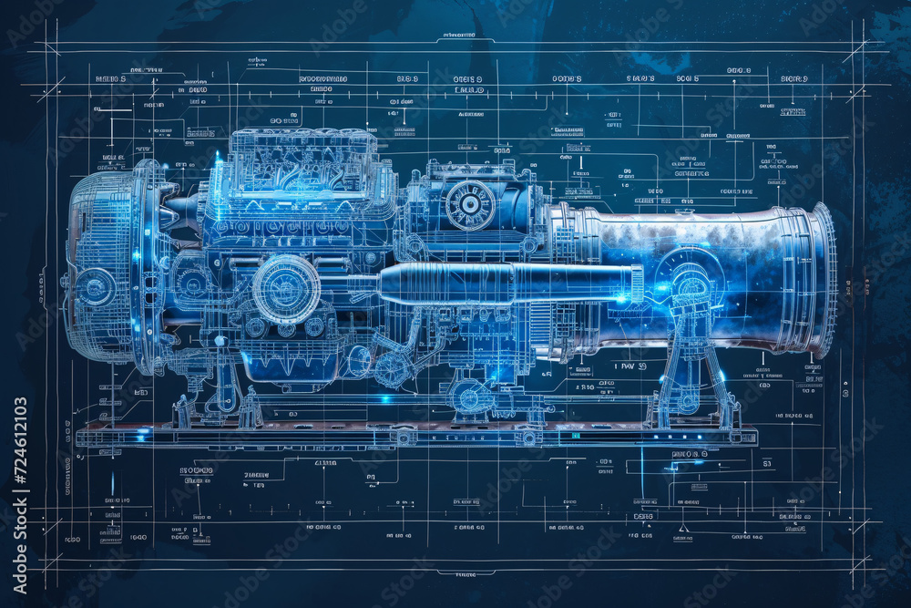 3D schematic of engine with light beam details Stock Illustration ...