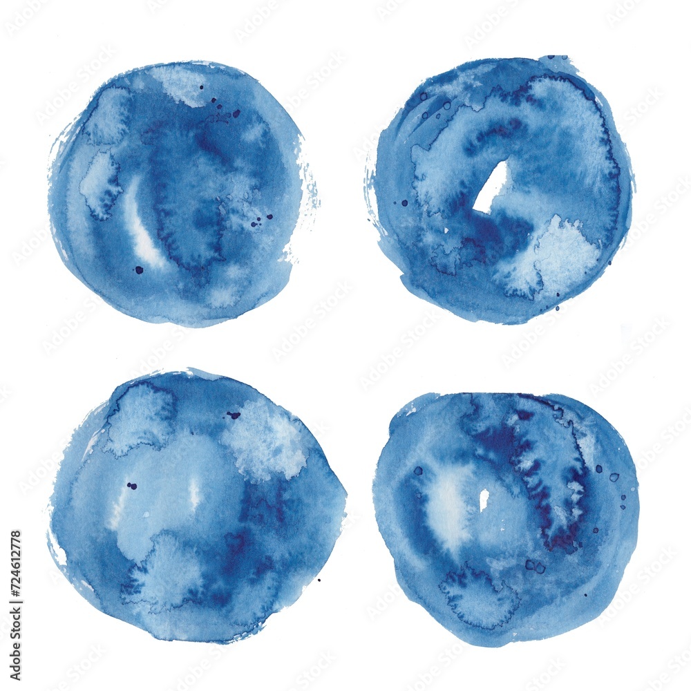 Blue watercolor stains in dust color on white background. Pigment ...