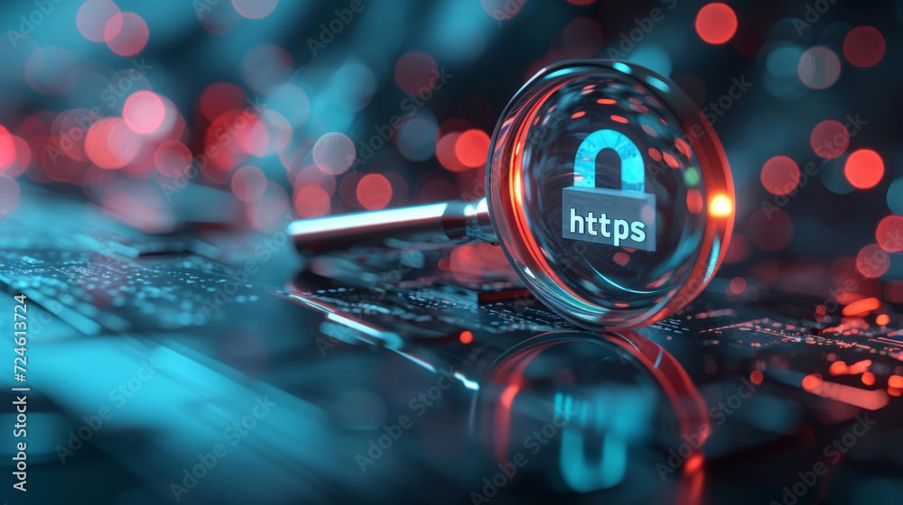 Magnifying glass focusing on Https sign with a padlock symbol, against ...