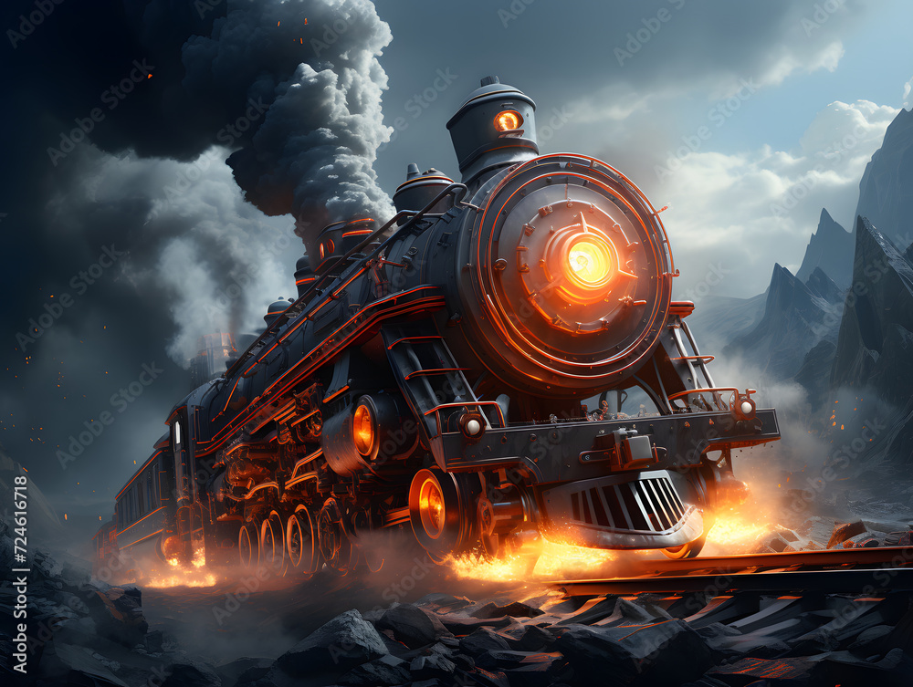 A train in a steam locomotive, fire oozing around its wheels Stock ...