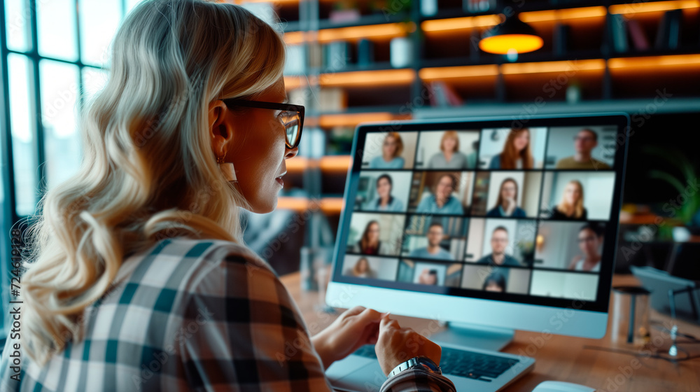 Professional Woman in Virtual Meeting with Colleagues. Blonde ...
