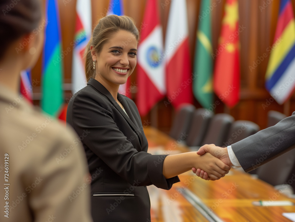 International Diplomacy Handshake. A female executive in a formal suit ...