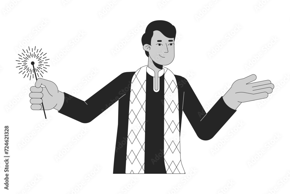 South indian dhoti man holding sparkler black and white 2D line cartoon ...