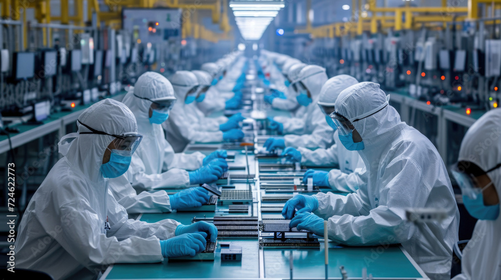 Operator in white clean suit, a cap and a mask at an electronic ...
