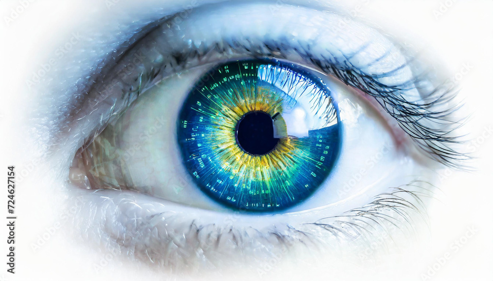 Human blue eye with button inside. Eye vision concept.Abstract image ...