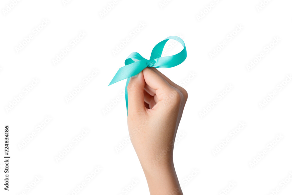 A touching scene of a caregiver tying an ovarian cancer ribbon around a ...