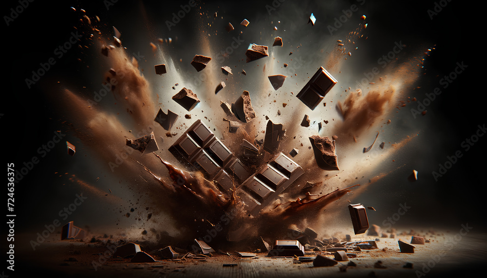 Explosion of chocolate bars in the center, with chunks and particles of ...
