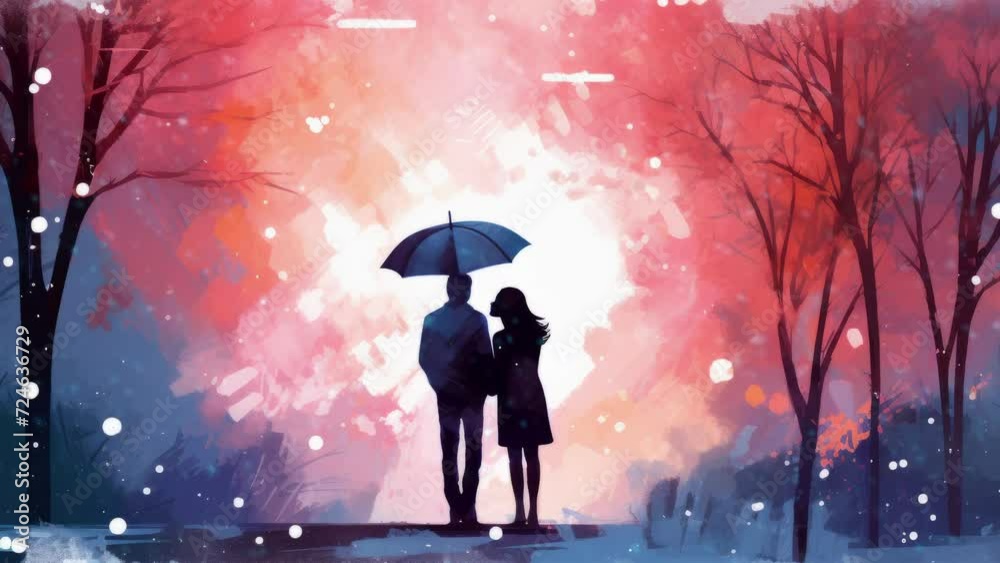 Romantic painting example Couple in love strolls beneath a shimmering ...