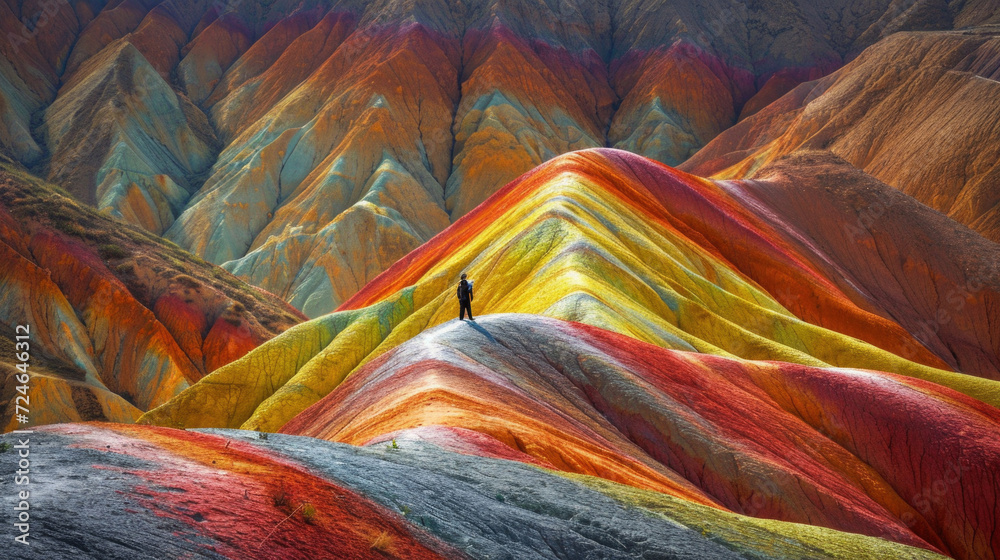 Amazing scenery of Rainbow mountain and blue sky background in sunset ...