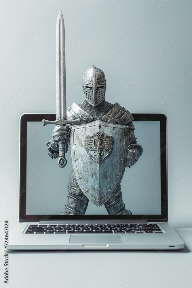 medieval knight in armor with a sword and shield in comes out of the ...