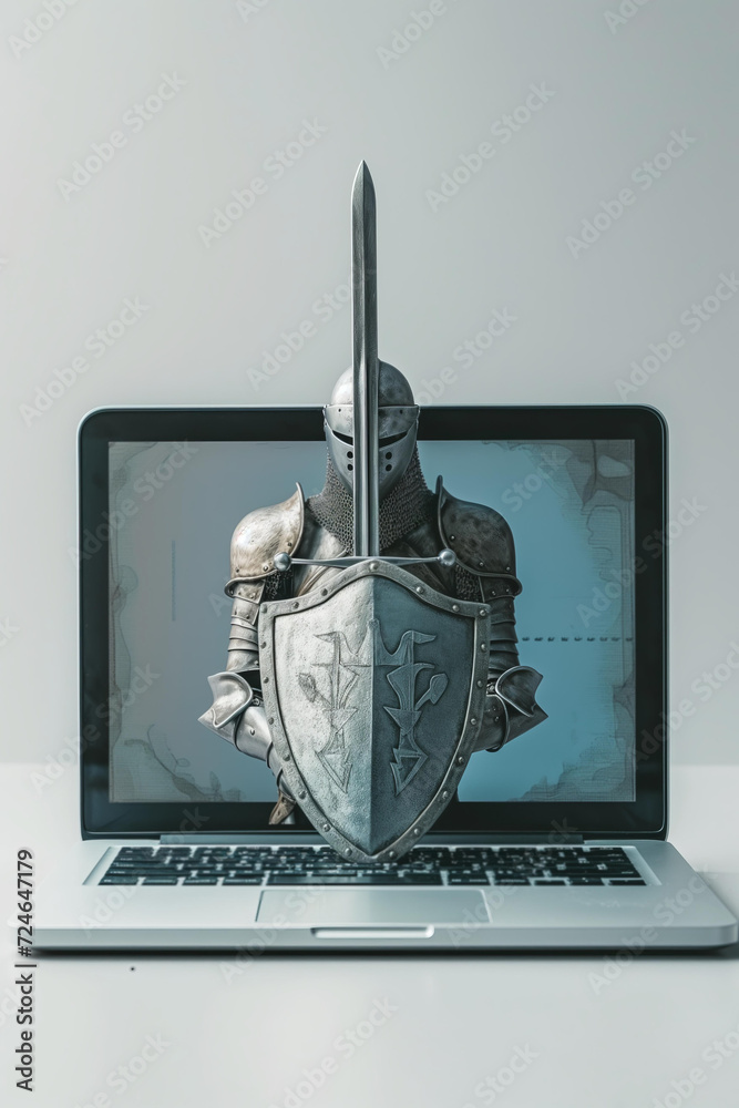 medieval knight in armor with a sword and shield in comes out of the ...