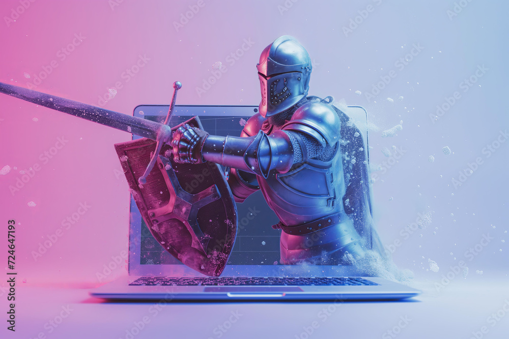 medieval knight in armor with a sword and shield in comes out of the ...