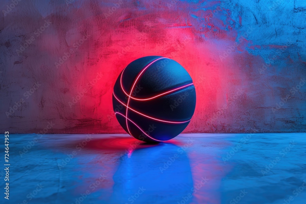 Blue and red neon background with basketball ball on concrete wall ...