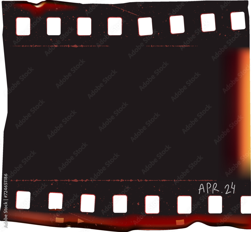 Distorted old grunge filmstrip with burned texture. Blank 35mm negative ...
