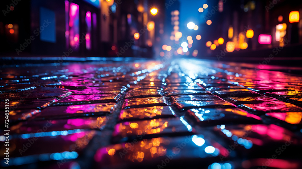 Rain Soaked Sidewalk Reflecting Neon City Lights At Night Reflections