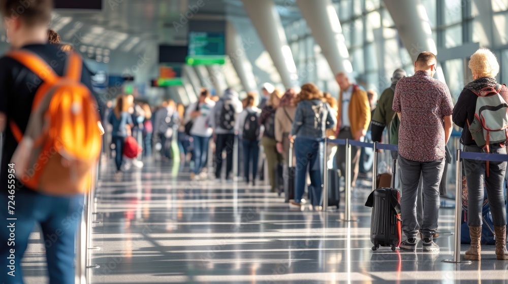 Travel, queue and wait with man in airport for vacation, international ...