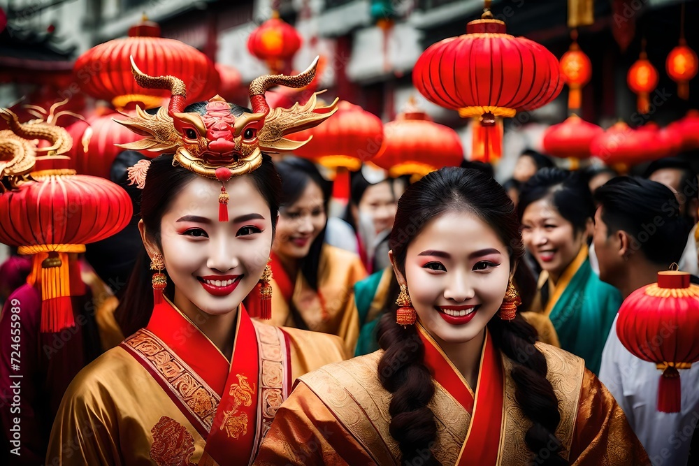 The Lunar New Year celebration in a bustling Asian metropolis, streets ...