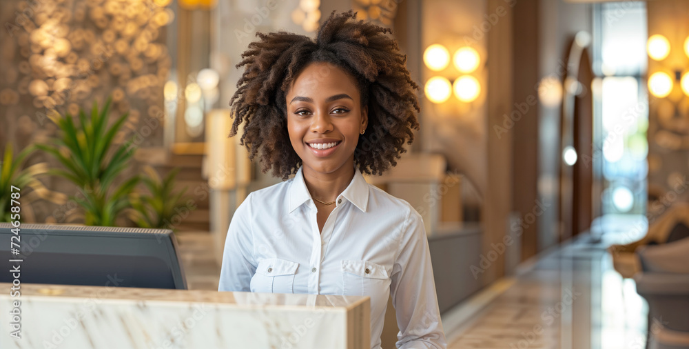 Hotel receptionist african american woman smiling, hospitality and ...