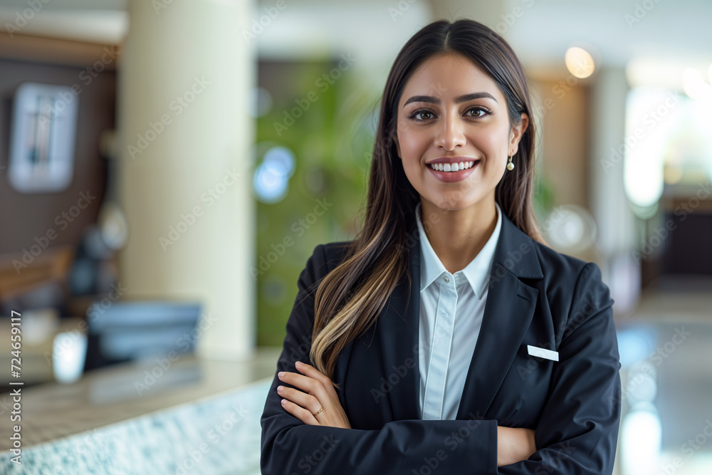 Hotel receptionist latina woman smiling, hospitality and customer ...