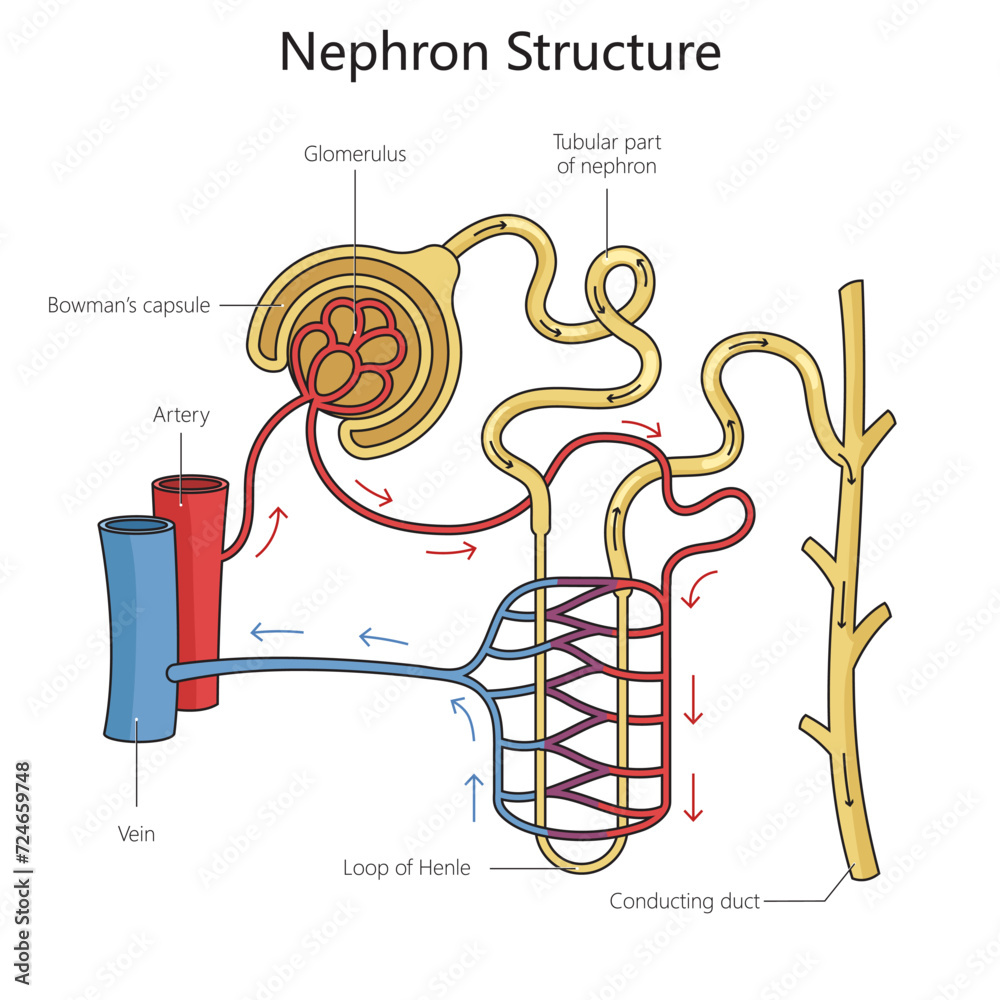 Nephron structure diagram hand drawn schematic vector illustration ...