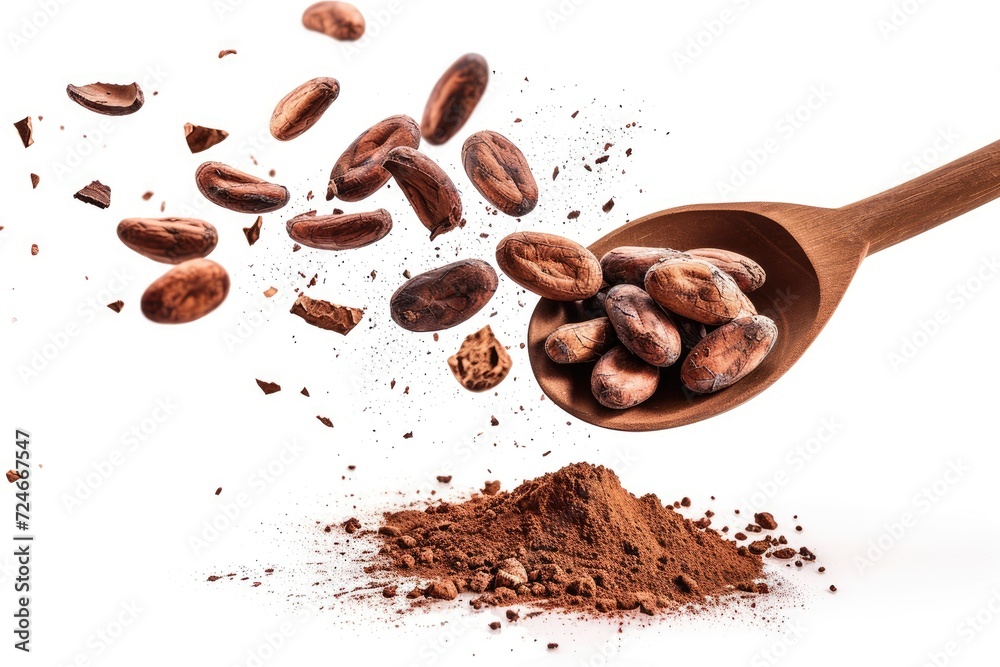 Floating cocoa pod cracked beans wooden spoon and cocoa powder on white ...