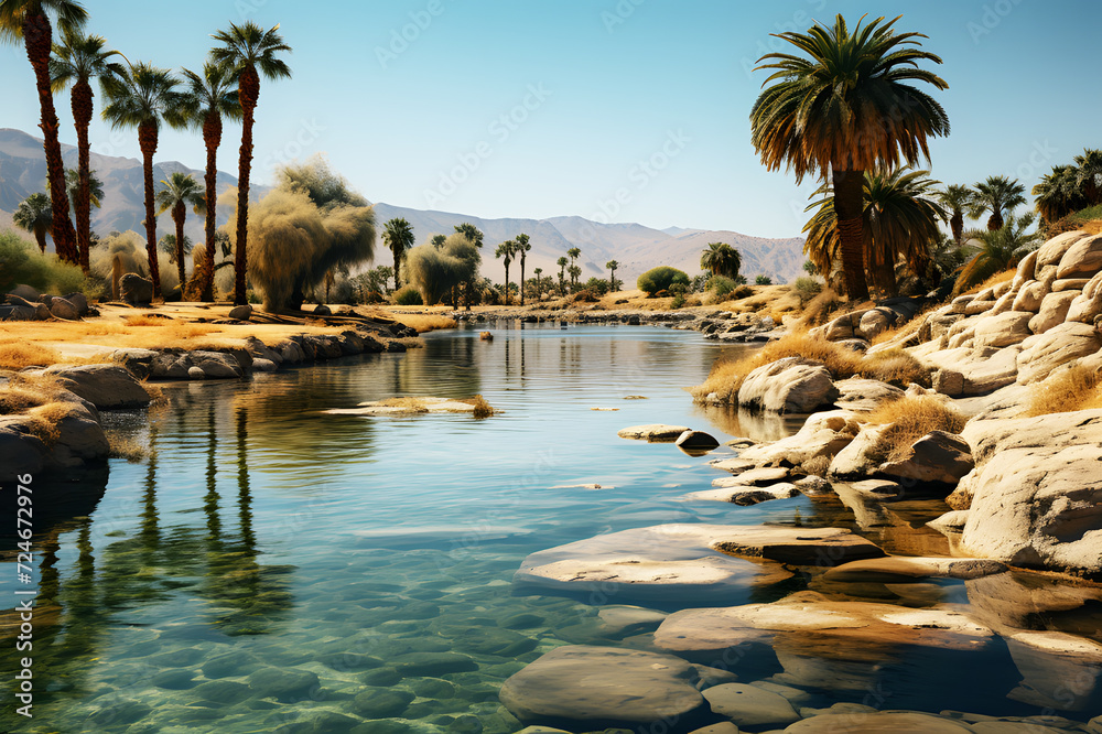 Water is clear in rock pond in middle of desert surrounded by palm tree ...