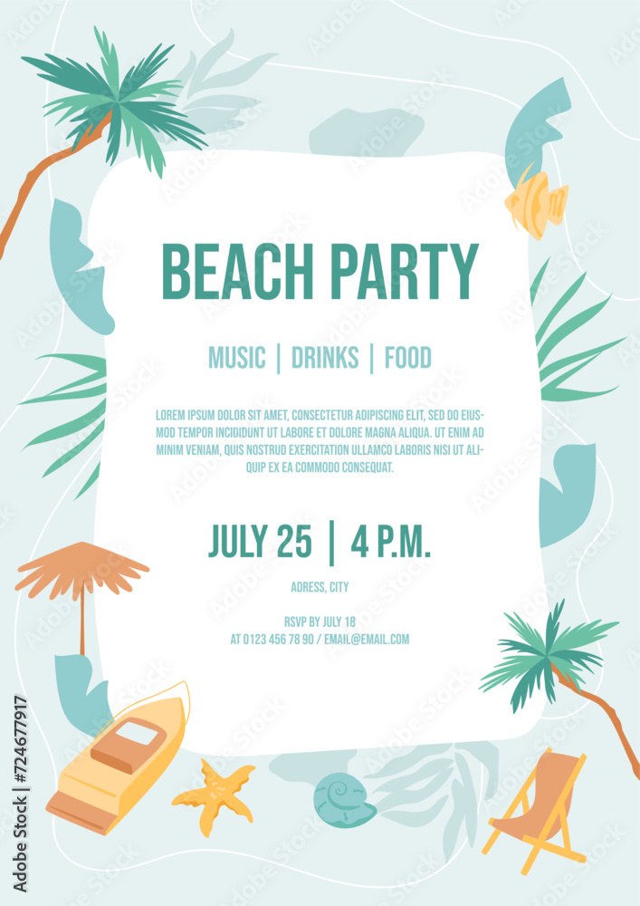 Beach party invitation template. Border of palm trees, yacht, chair ...