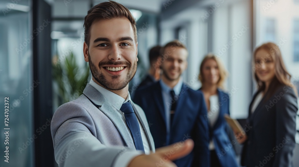 Corporate headshot of CEO greeting fresh staff member to his corporate ...