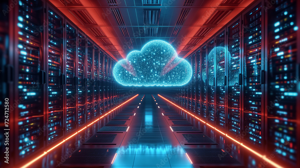 Corridor in Working Data Center Full of Rack Servers and Supercomputers with Cloud Storage ...