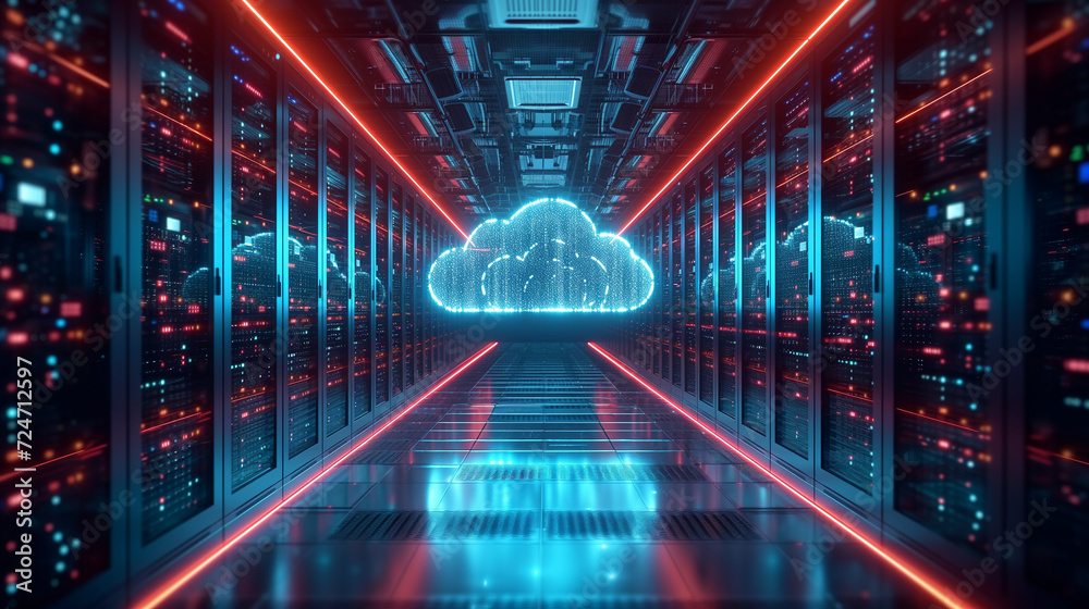 Corridor in Working Data Center Full of Rack Servers and Supercomputers with Cloud Storage ...