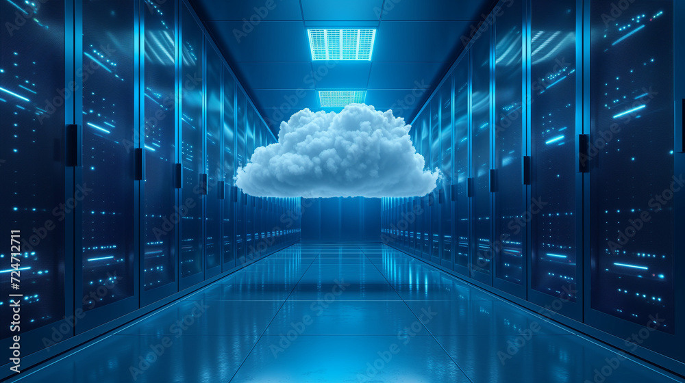 Corridor in Working Data Center Full of Rack Servers and Supercomputers with Cloud Storage ...