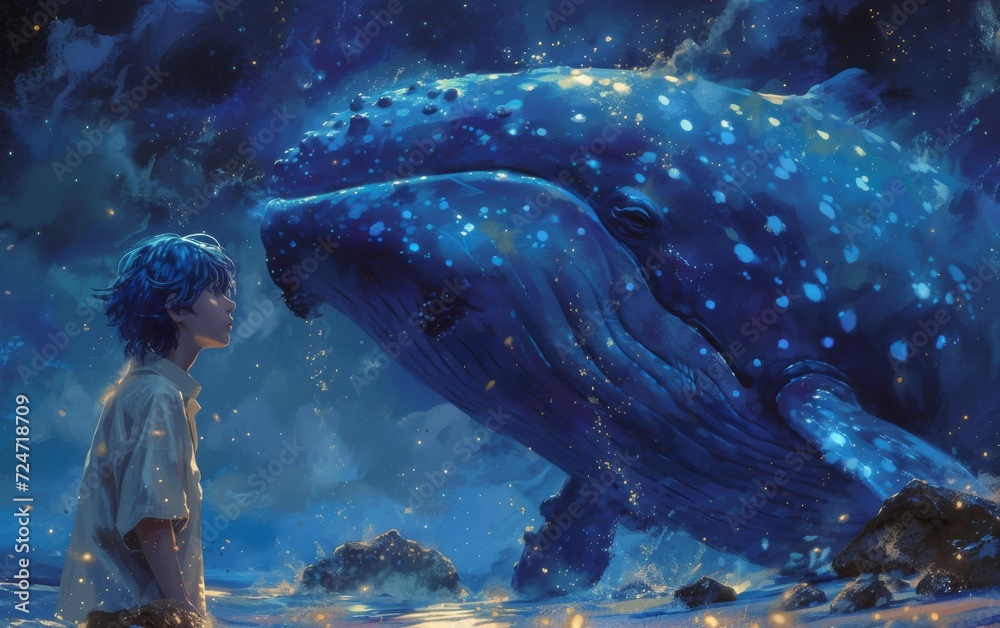 Fantasy child dream, fairy tale background with a little boy with a ...