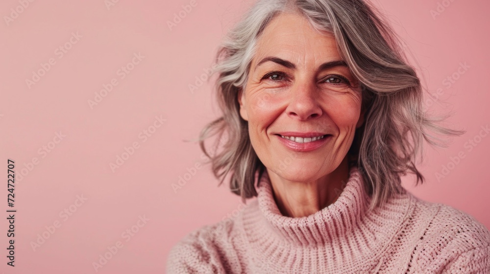 A delightful image of a senior Caucasian woman, her stylish grey hair ...