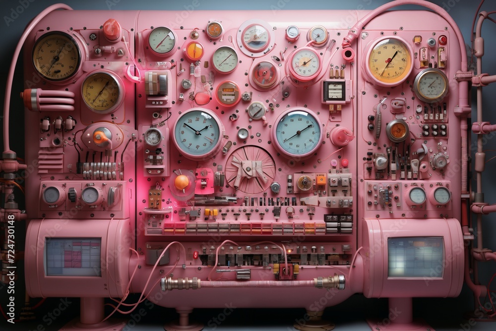 Pink analog control panel in the command center, devices for industrial ...