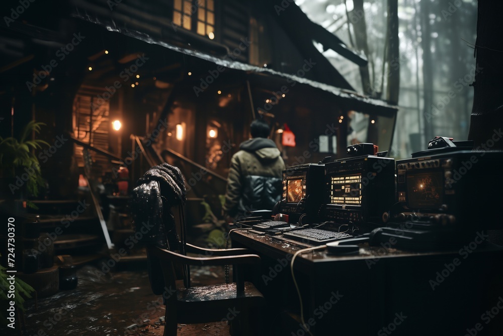 devices in a secret laboratory in a forest, wooden hut, in style of a ...