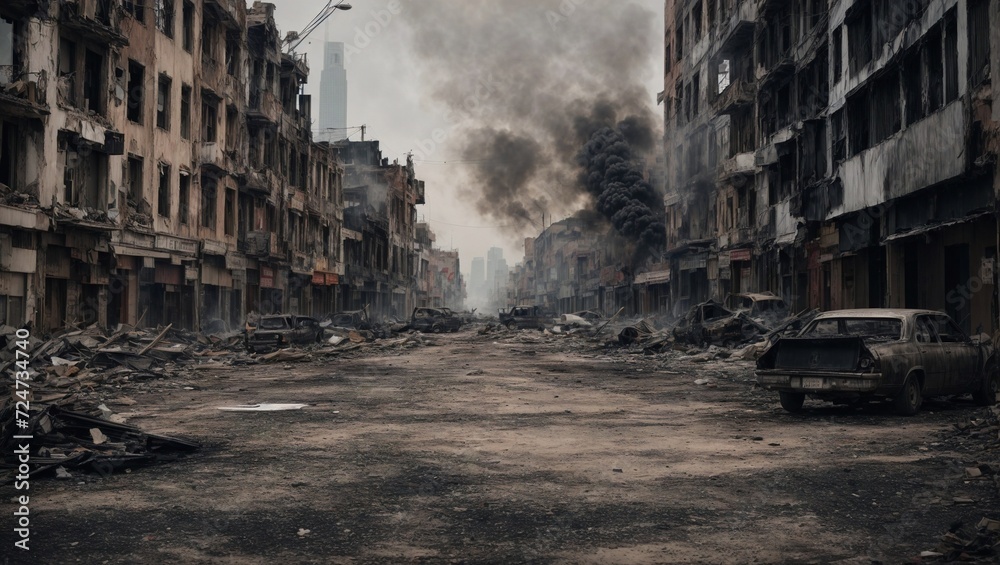 Empty streets of a burned city Apocalyptic view of the city The city ...