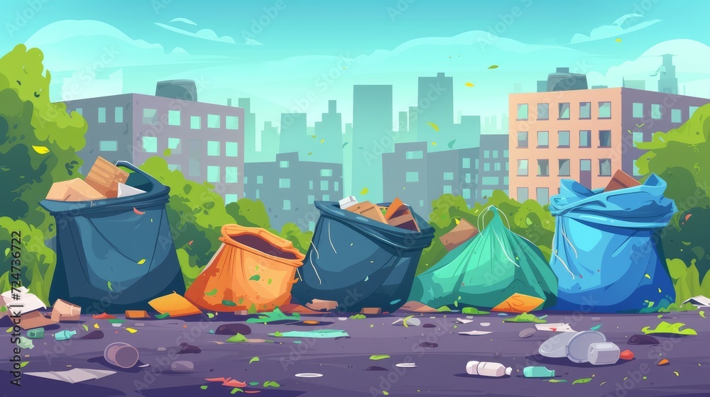 City trash bag. Rotting garbage in waste bag or street dustbins, full ...