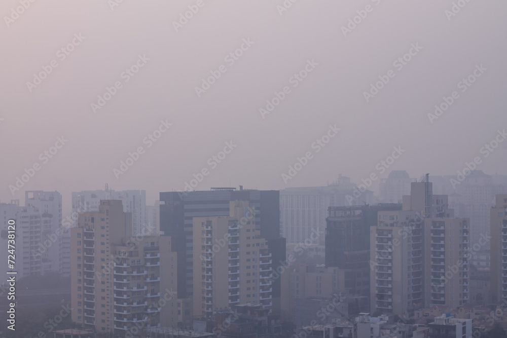 Foggy winter evening in Gurgaon,Haryana,India. Luxury residential ...