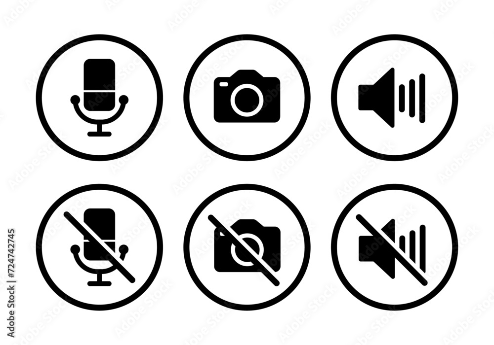 Video call icon set with loud speaker, mute, camera on, camera off ...