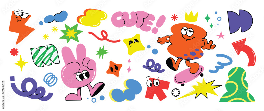 Set of funky groovy element vector. Collection of cartoon characters ...