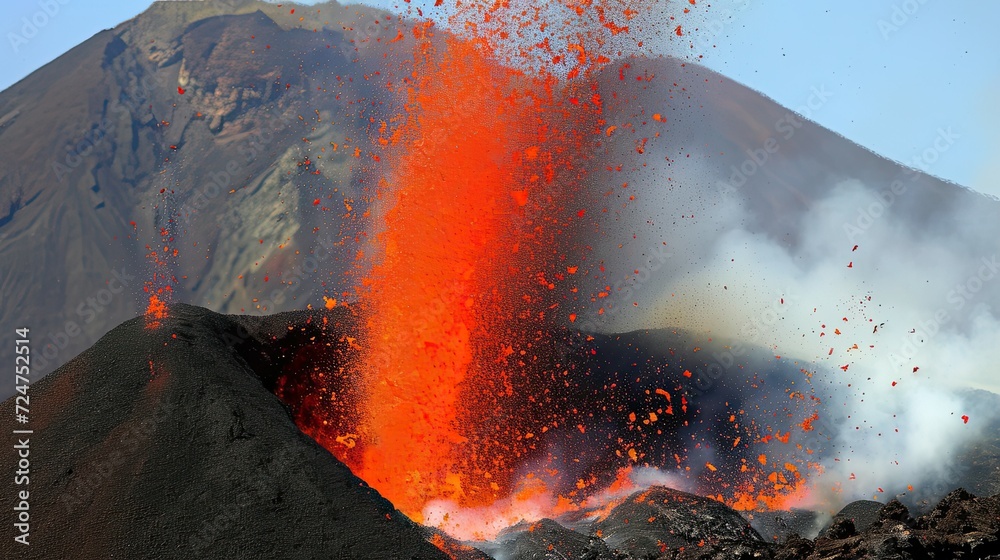 The intense heat and energy of the volcano's eruption create a dazzling ...