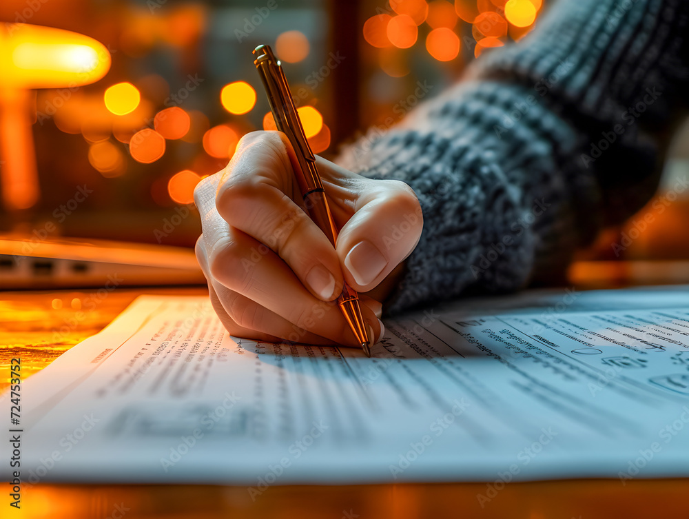 Person signing a formal document in a warm, low-light setting, with an ...