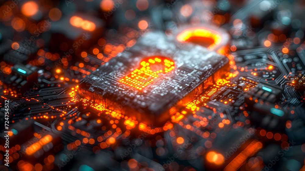 A Macro View Of A Microchip With A Glowing Red Lock Symbol Signifying Cybersecurity And Data