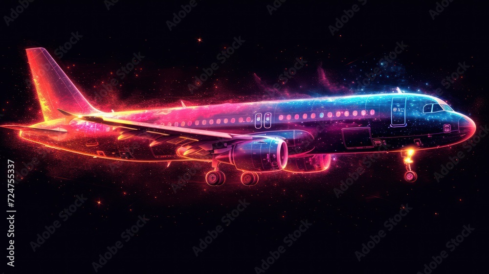 a large jetliner flying through a night sky filled with stars and neon ...