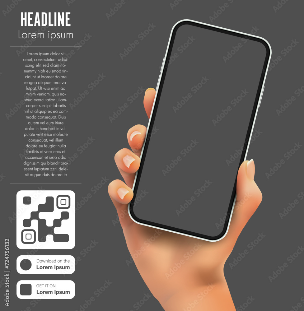 Realistic woman's hand holding a smartphone with a a QR code link to a ...