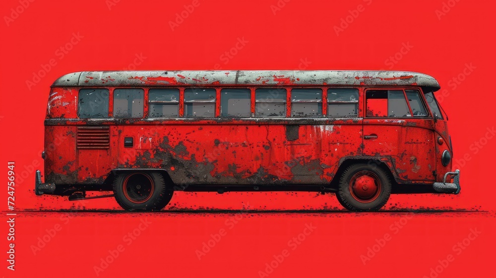an old red bus sitting on top of a red floor next to a black and white ...