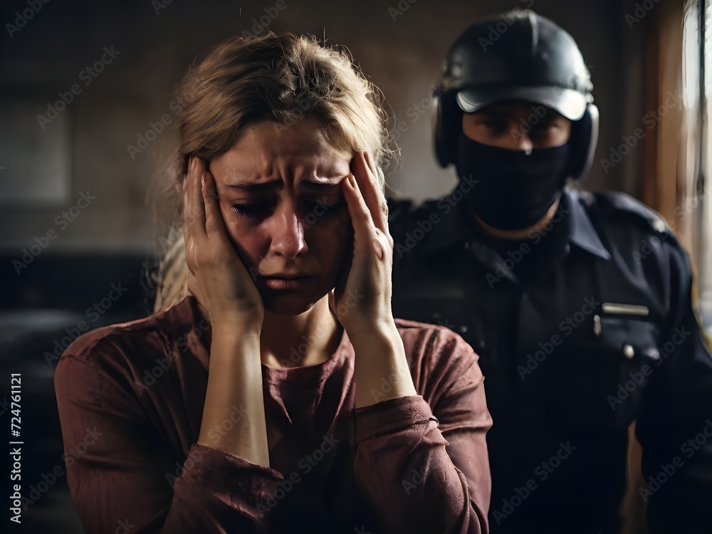 A depiction of a female victim of crime standing with her back turned ...