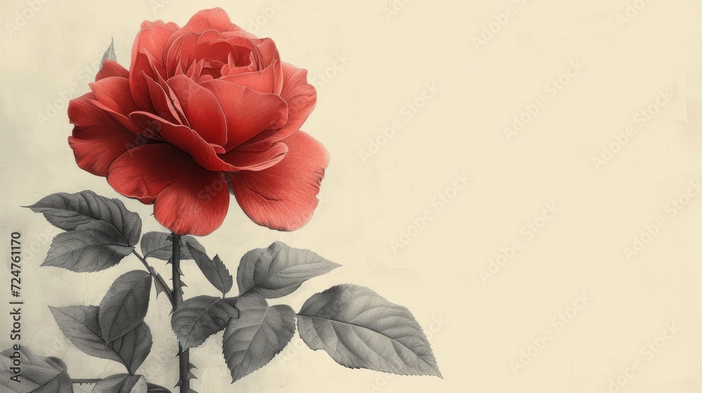 a drawing of a single red rose on a white background with a black and ...