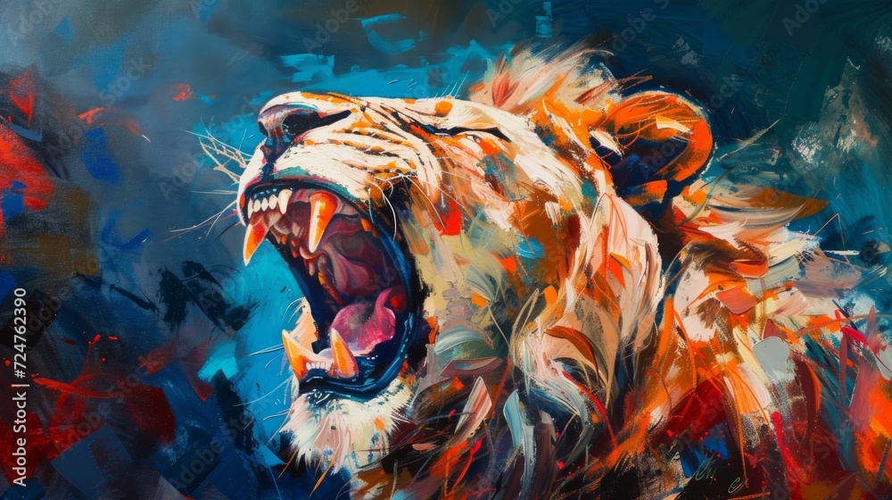 Depict a striking representation of a roaring lion, using bold colors ...