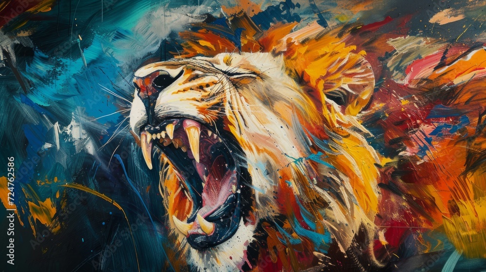Depict a striking representation of a roaring lion, using bold colors ...
